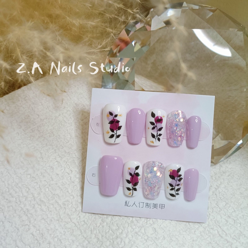 现货 ZA06 】 紫色花卉亮片手工穿戴甲 | Shopee Malaysia