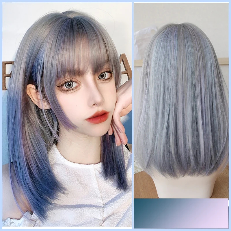 Medium Length Straight Ash with Gradient Blue Lavender Highlight ...