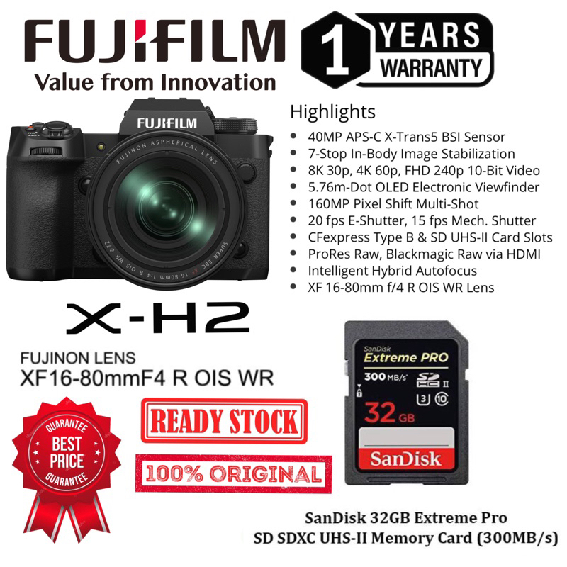 (FUJIFILM MALAYSIA SET)FUJIFILM X-H2 XF 16-80mm F/4R OIS WR FREE SANDISK EXTREME PRO 32GB ...