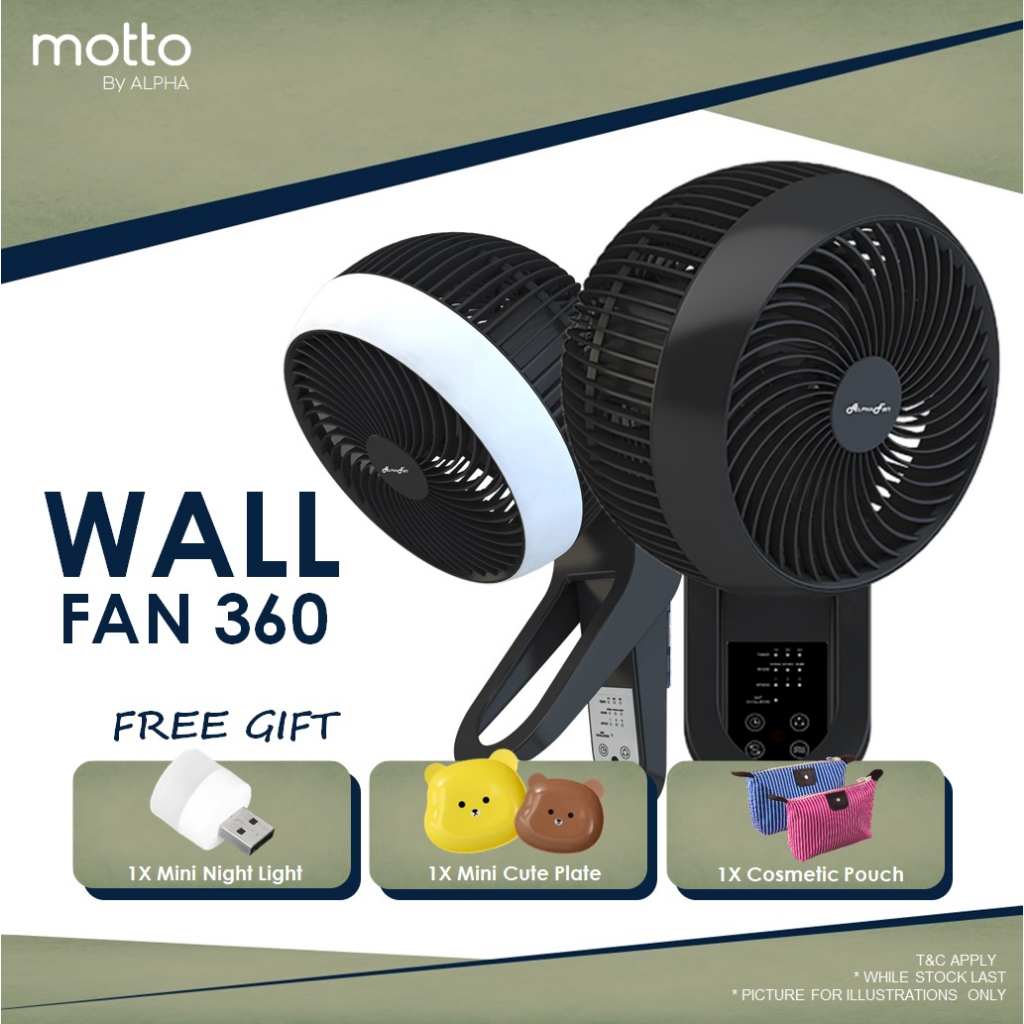 Alpha Motto Wall Fan 360 Oscillation 3 Speed Remote Control | Shopee ...