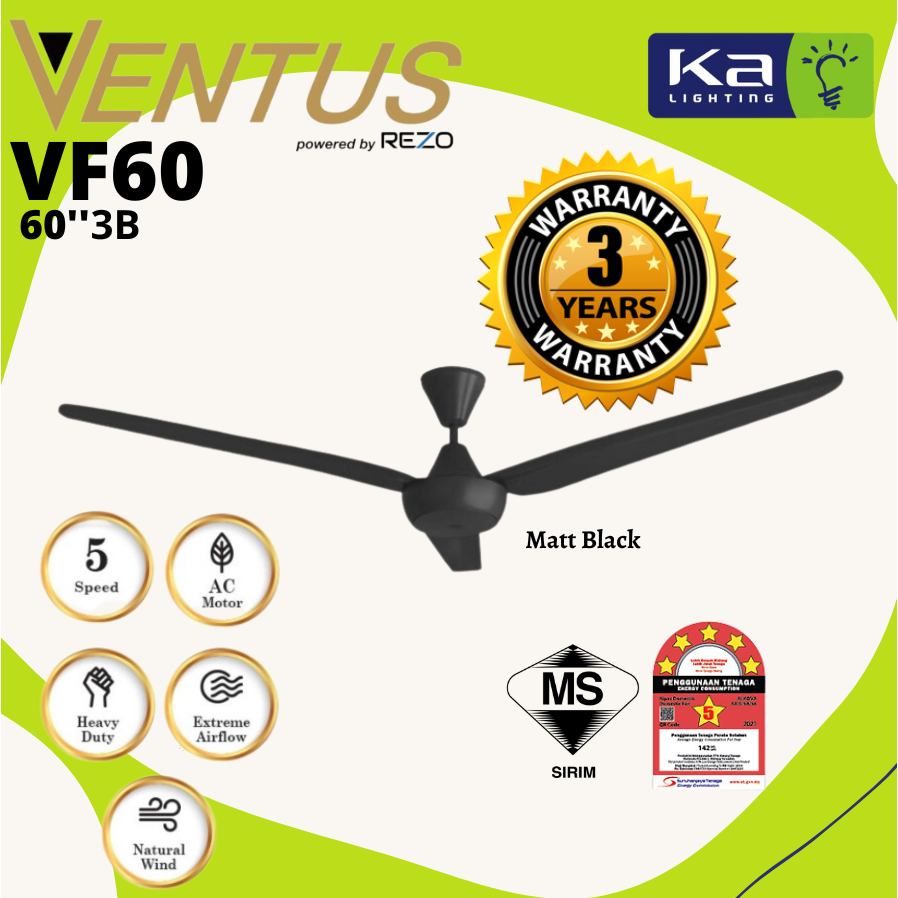 REZO VENTUS VF60 60" Heavy Duty AC MOTOR 5 Speed 3 Blades Regulator ...