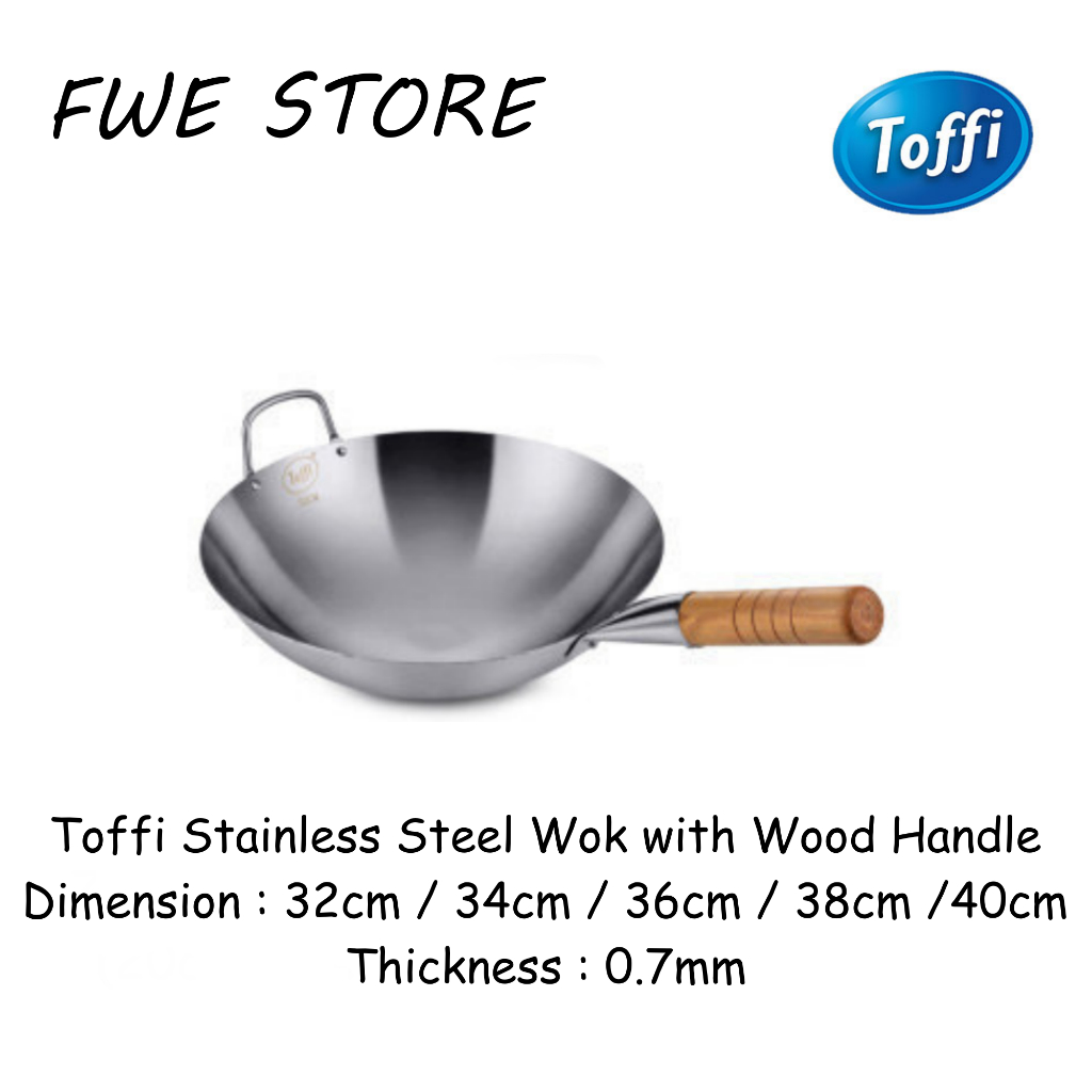 Toffi Stainless Steel Wok with Wood Handle / Kuali 木柄炒锅 (32cm / 34cm / 36cm / 38cm / 40cm ...