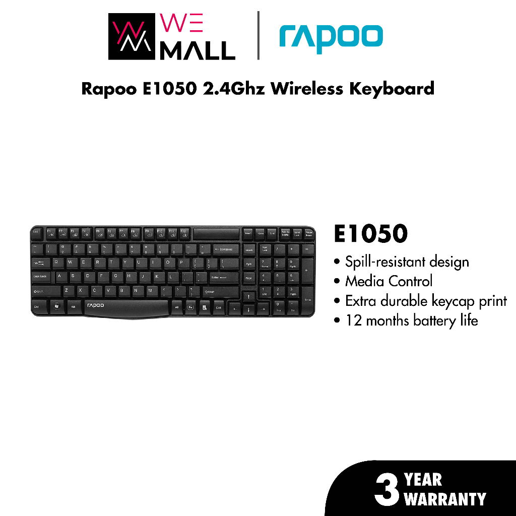 Rapoo E1050 2.4Ghz Wireless Keyboard with Spill Resistant - 3 Years ...