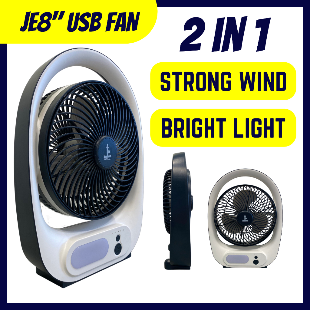 2in1 Ready Stock JE8" USB Double Battery Fan Rechargeable LED Light For ...