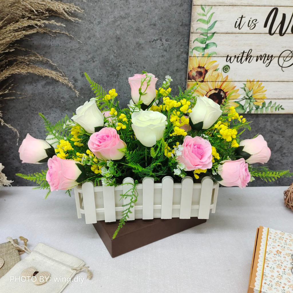 1 SET | ARTIFICIAL SATIN ROSE FLOWER SET WITH PLASTIC FENCE POT ...