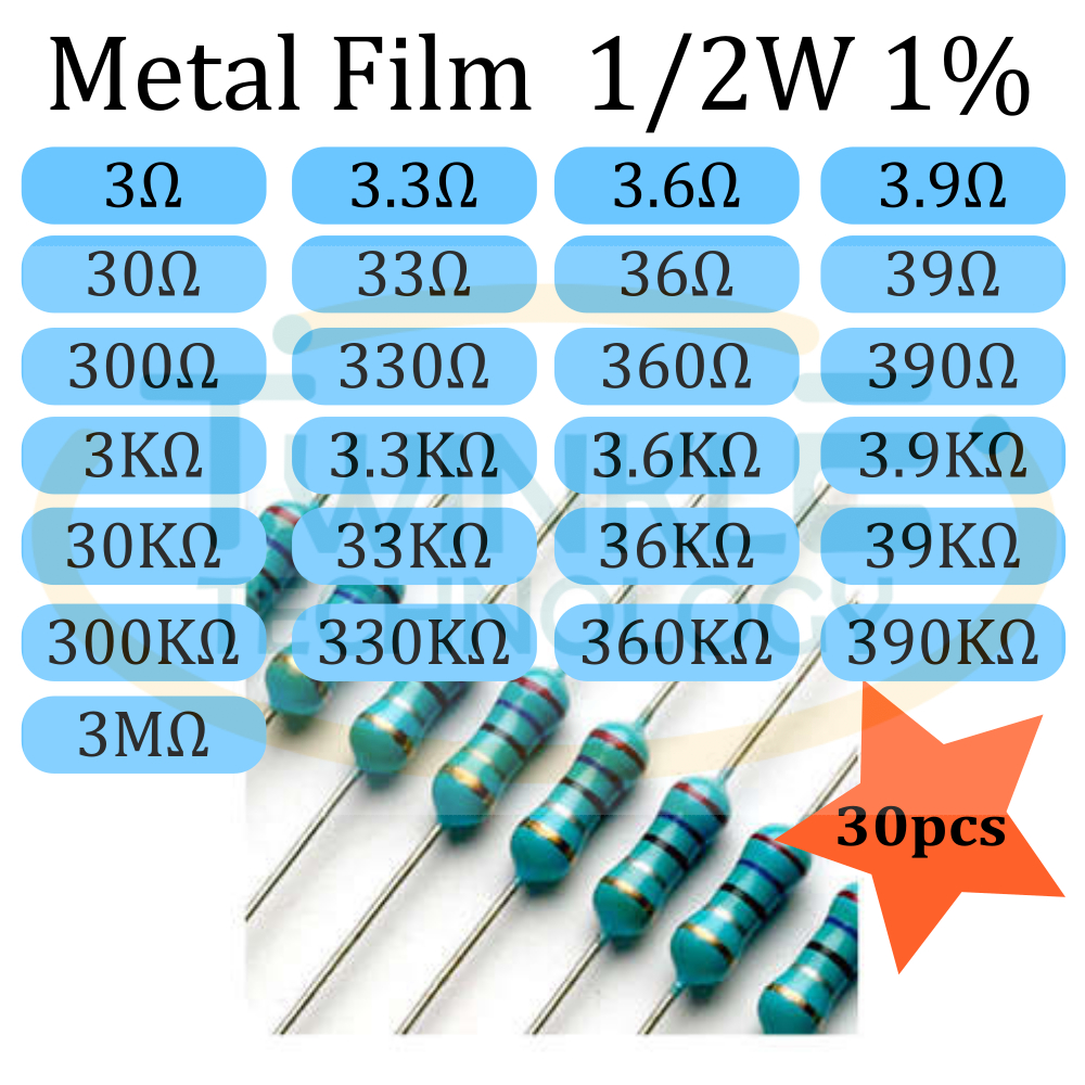 Resistor 0.5W Metal Film 3,3.3,3.6,3.9,30,33,36,39,300,330,360,390,30K,3.3K,33K,300K,330K,360K ...