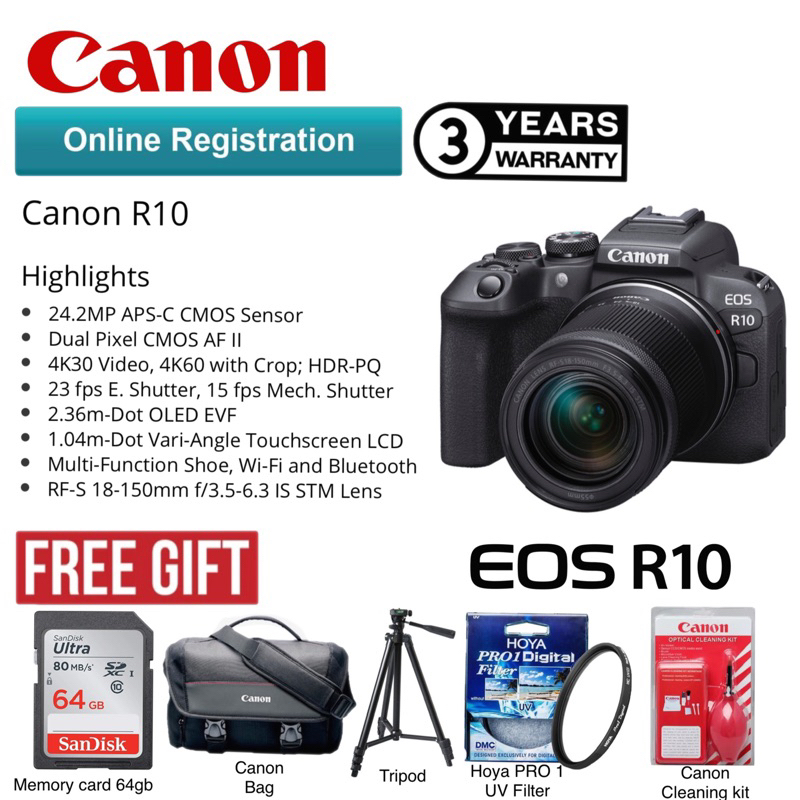 Canon EOS R10 kit lens 18-150mm original free 64gb + canon bag (3 years ...