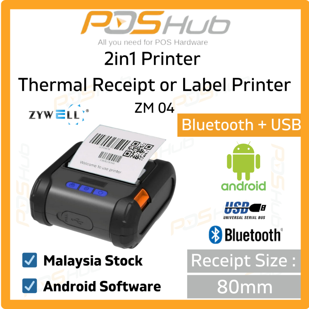 Zywell ZM04 2in1 Mobile Bluetooth 80mm Thermal Receipt Printer or Label Printer | Shopee Malaysia