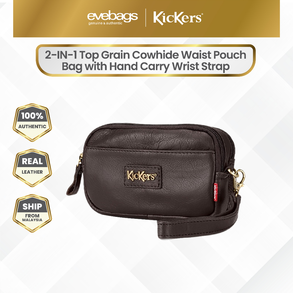 KICKERS 2-IN-1 Top Grain Cowhide Waist Pouch Bag with Hand Carry Wrist ...