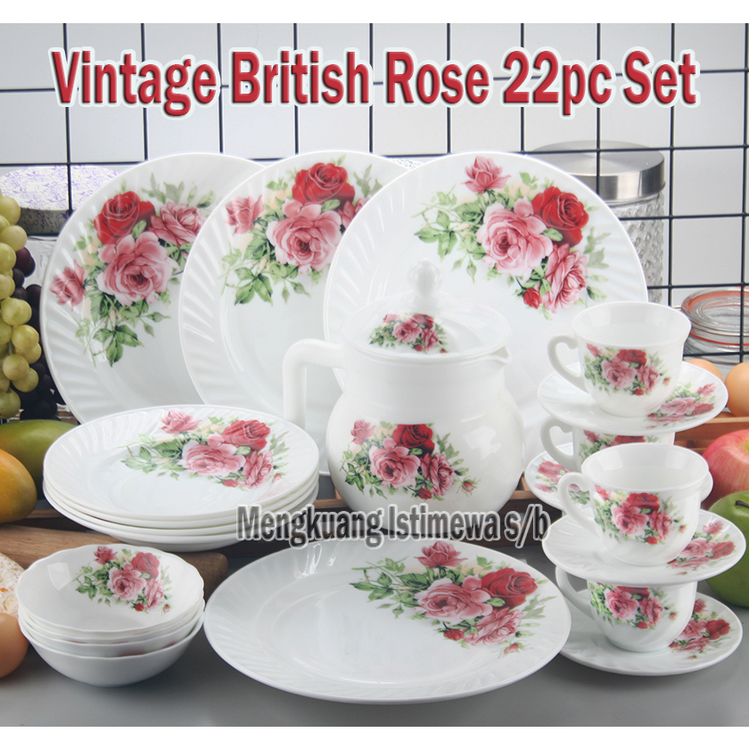 22 PC EUROPAL VINTAGE BRITISH ROSE OPAL DINNER SET PINGGAN MANGKUK ...