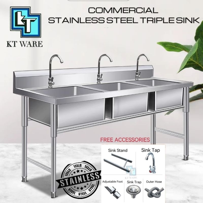 KT WARE Commercial Stainless Steel Triple Deep Bowl Sink Set With Stand ...