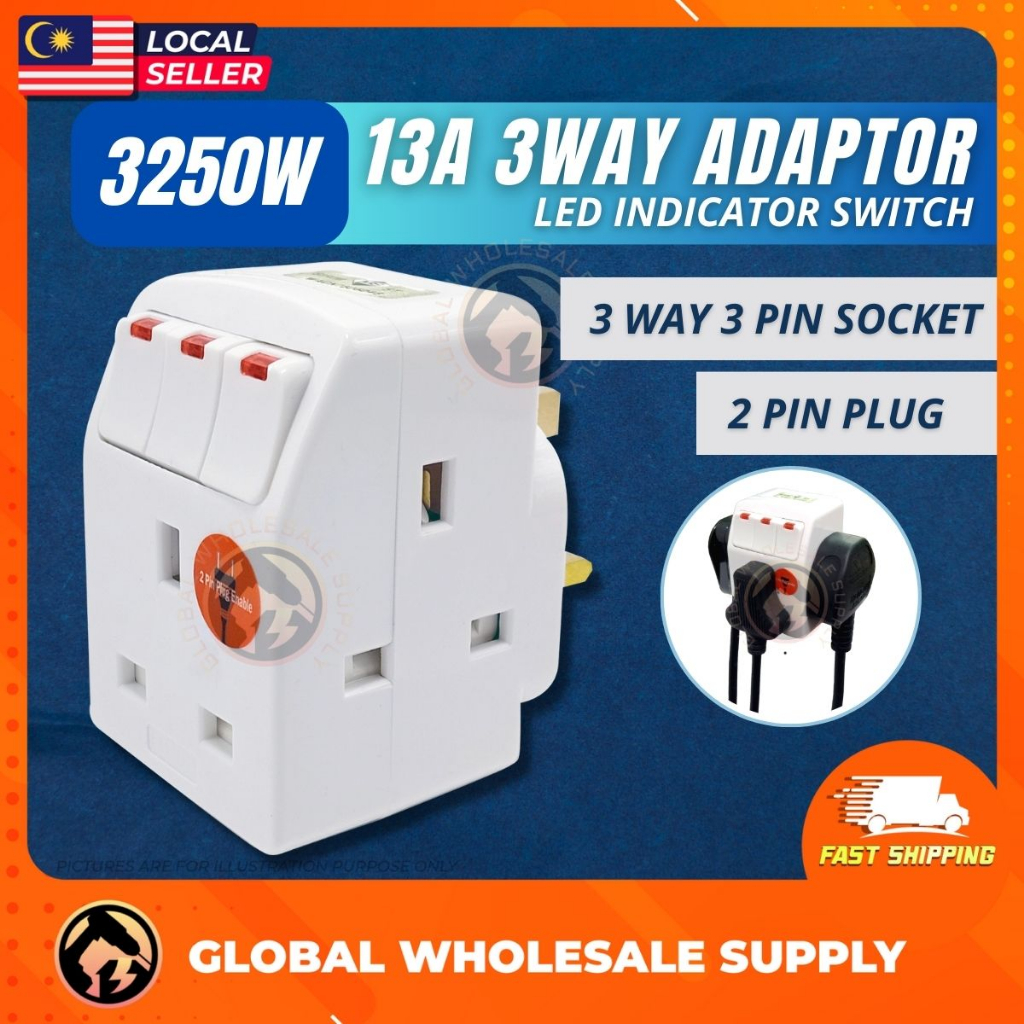 [READY STOCK] D131N/131UK 13A 3Way Adaptor with LED Indicator Switch ...