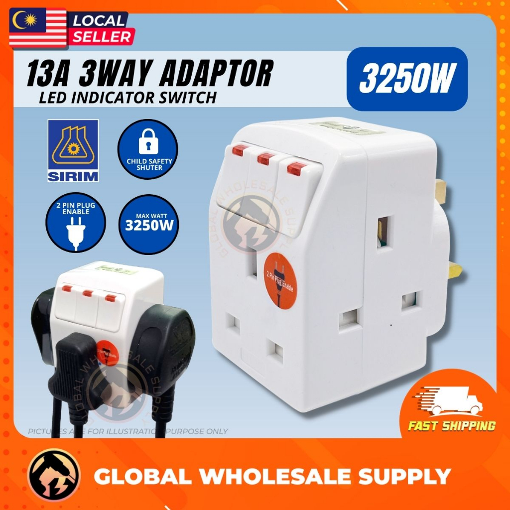 [READY STOCK] SIRIM 13A 3 Way Multi Adapter 3 Pin Adaptor Easy 2 Pin ...