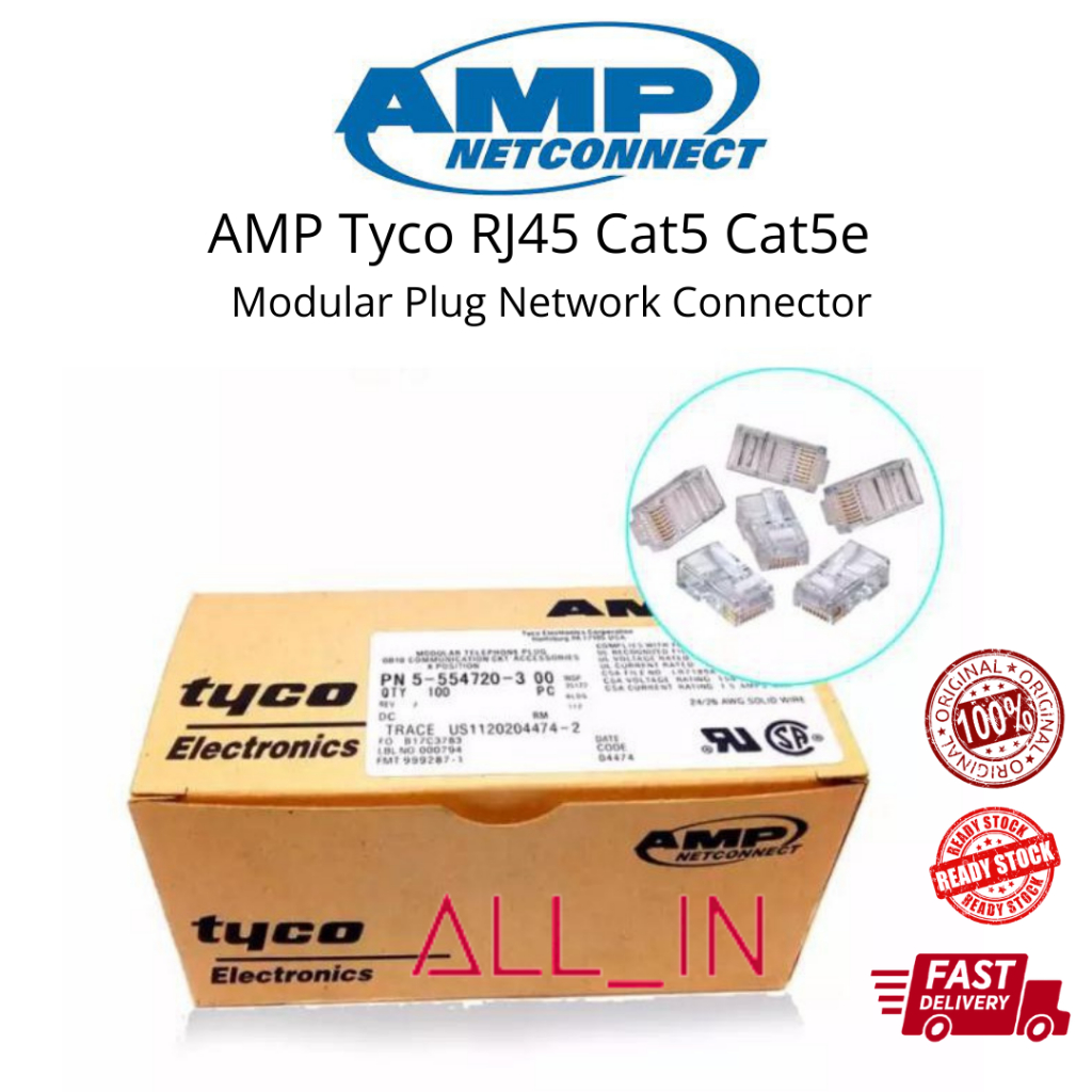 AMP Tyco RJ45 Cat5 Cat5e Modular Plug Network Connector (100pcs ...