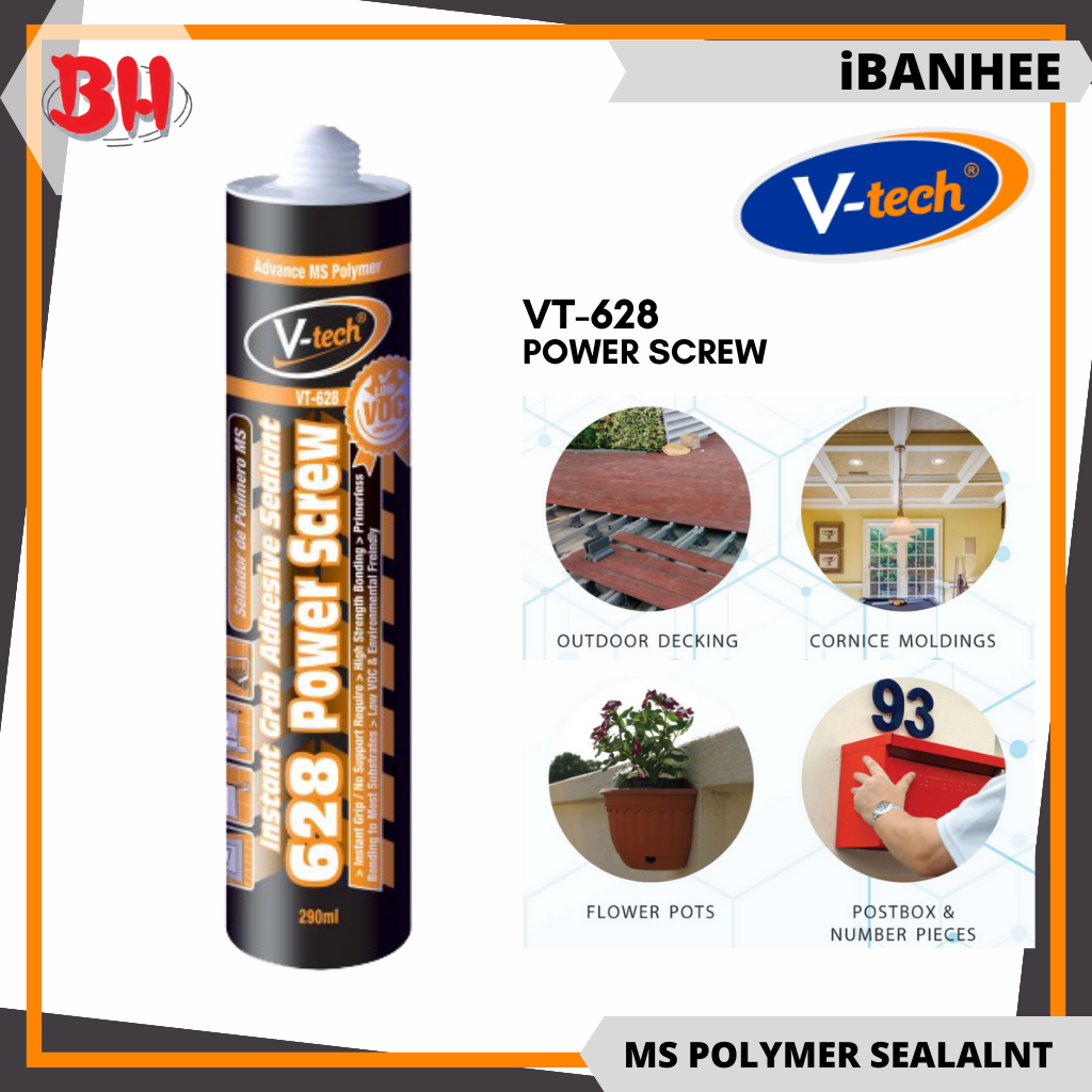 [iBH] V-TECH VT-628 POWER SCREW - INSTANT GRAB ADHESIVE SEALANT 290ML - WHITE SUPER GLUE ...