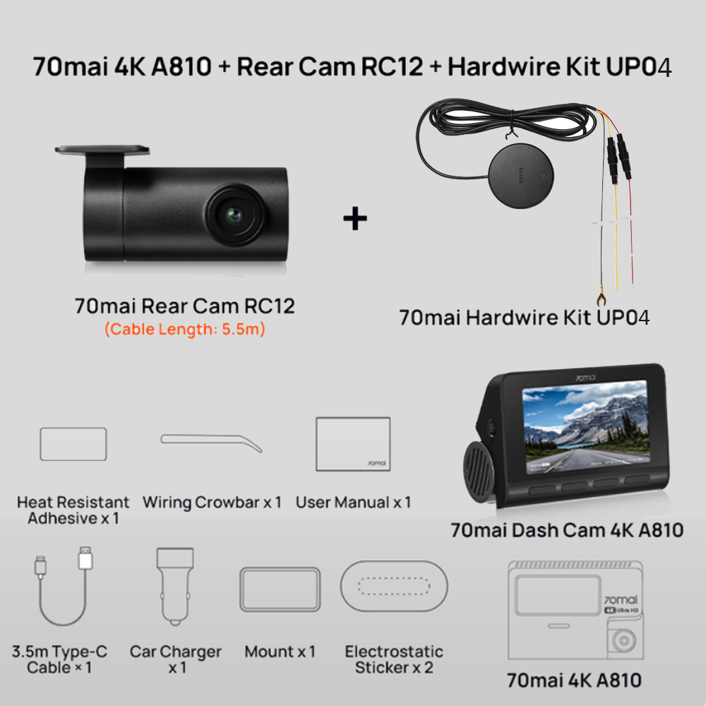 70mai A810 Ultra HD 4K Dash Cam Built-in GPS ADAS 150°FOV Motion Detection Car DVR Support Rear ...