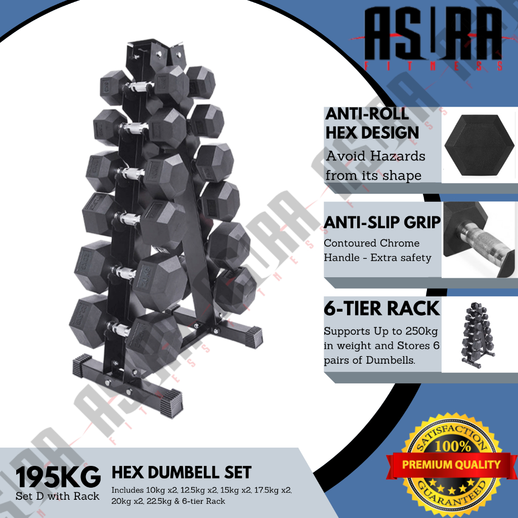 105KG - 225KG Premium 6 Pairs Hexagon Dumbell Set with 6-Tier Vertical ...