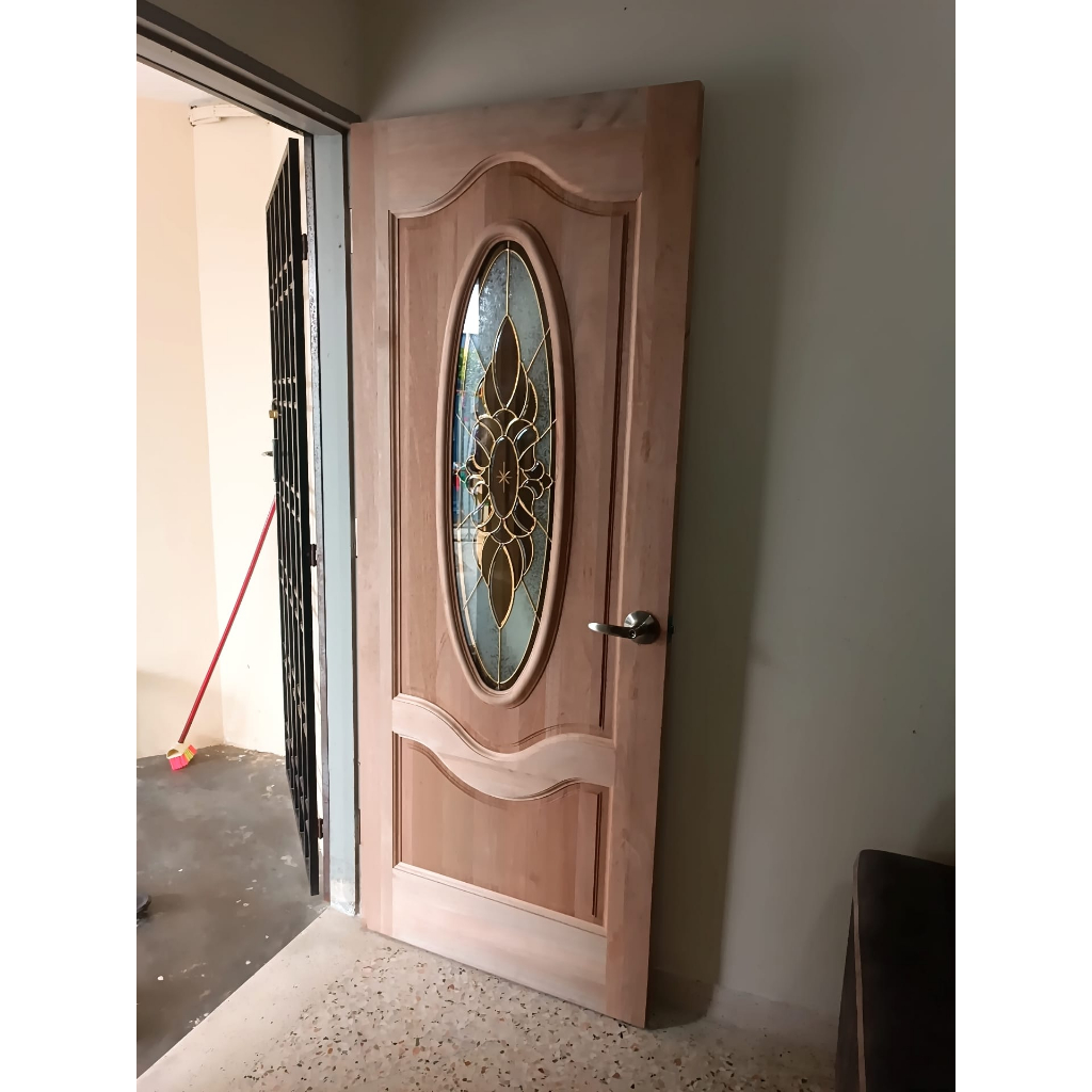 Solid Wooden Door with Glass/Pintu Kayu Cermin Depan Rumah Full Solid ...