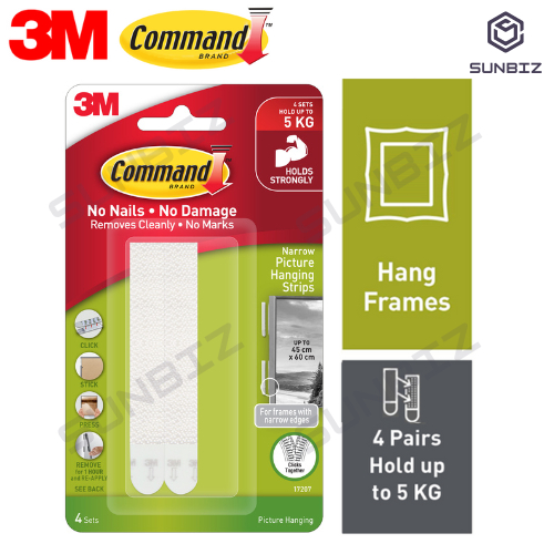 3M Command White Narrow Picture Hanging Strips (Holds Up To 5kg) (4 sets/pack) Wall Adhesive ...