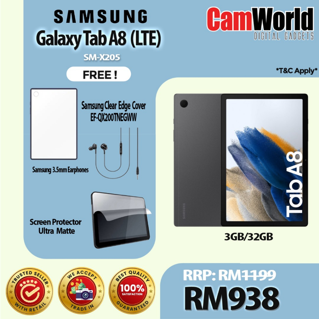 Samsung Galaxy Tab A8 (LTE) SM-X205 ( 3GB+32GB ) With Clear Case, Mic ...