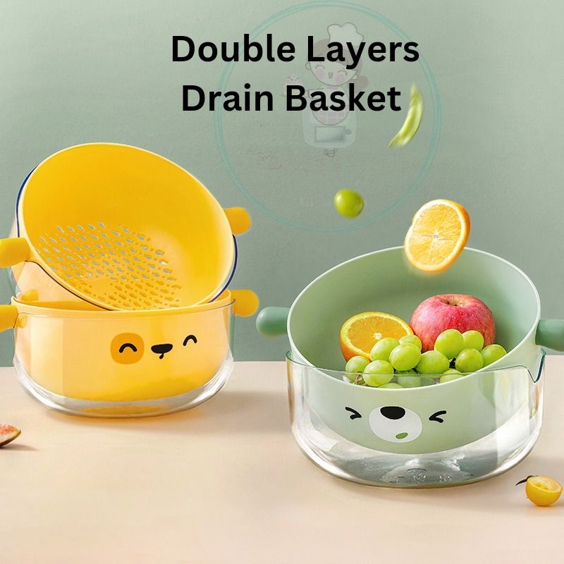 Cute Cartoon Double Layers Fruit Vegetable Drain Basket Washing Basin ...
