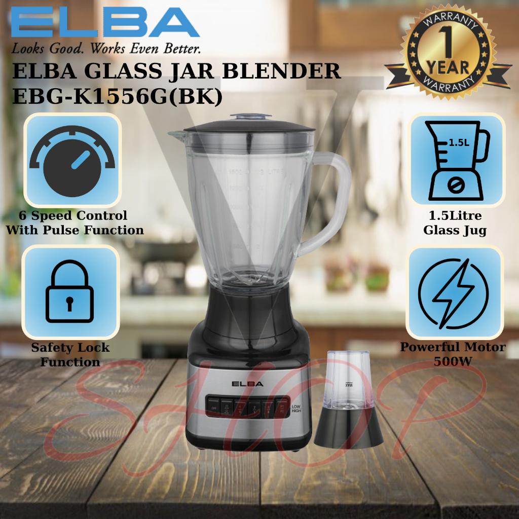 ELBA 1.5L GLASS JAR BLENDER WITH GRINDER JUG EBG-K1556G(BK) | Shopee ...
