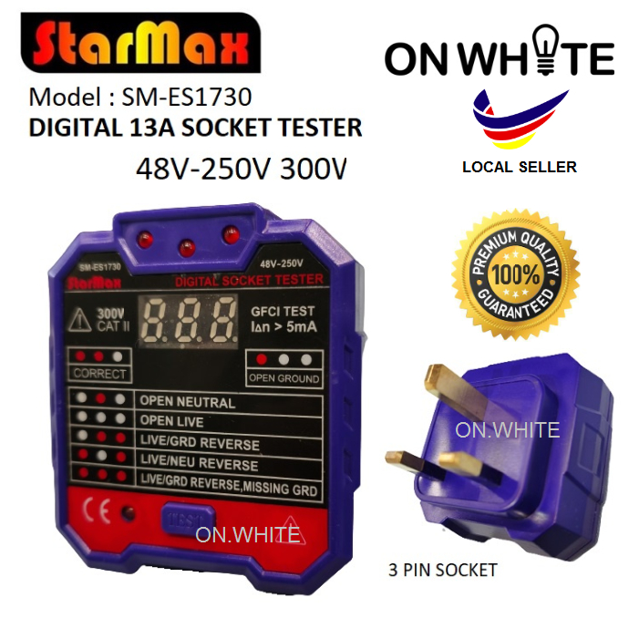 StarMax 13A Digital Socket Tester 300V 48v -250V 5mA SM-ES1730/ ELCB ...