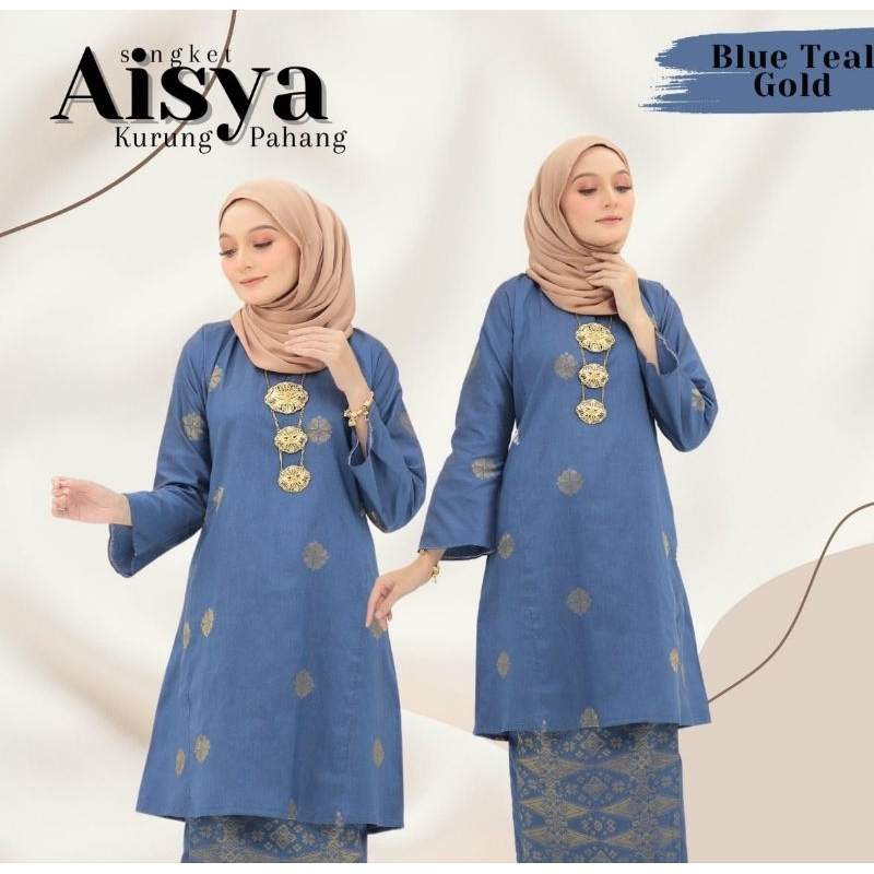 [TEAL BLUE GOLD EDITION] KURUNG PAHANG PESAK SONGKET COTTON TENUN CORAK ...