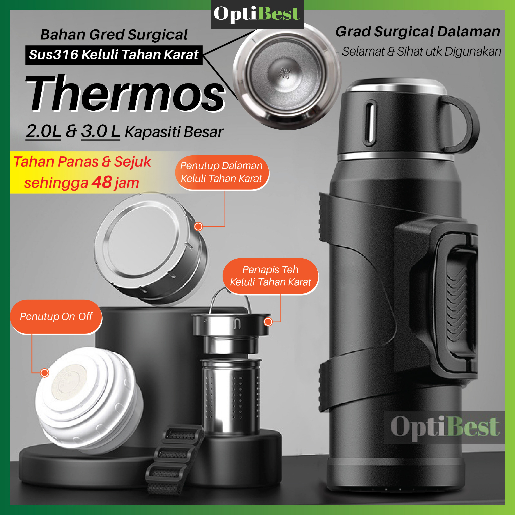 OPTIBEST Penuh Keluli Tahan Karat 316 Termos Flask Thermos Air Panas ...