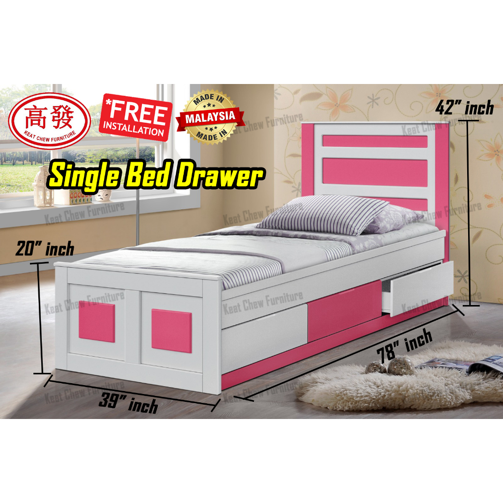 Single Bed Drawer Wooden Bed Katil Bujang katil Kayu Katil 3 Laci ...