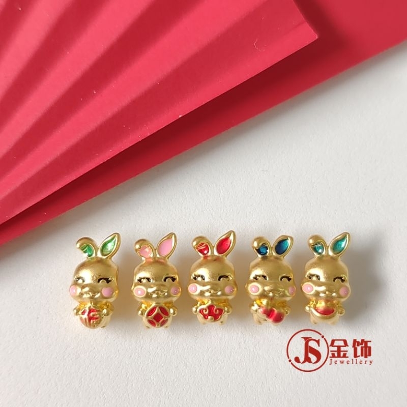 JS Jewellery 999 Gold Lucky Rabbit Bead Charm 999足金五福兔子通孔手串手绳 Emas ...
