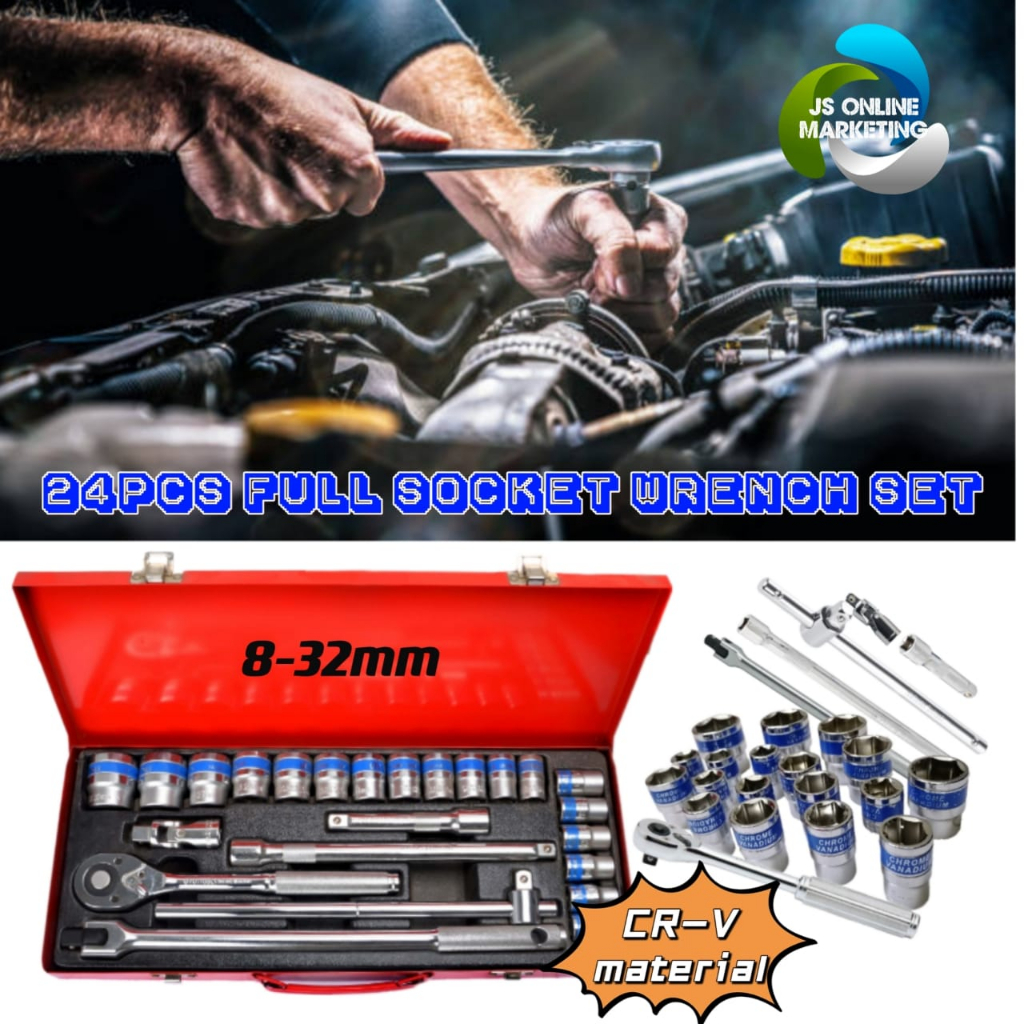 ~JS~ 24Pcs CR-V BOX SOCKET Spanner Ratchet Socket Wrench Set Box Hand ...
