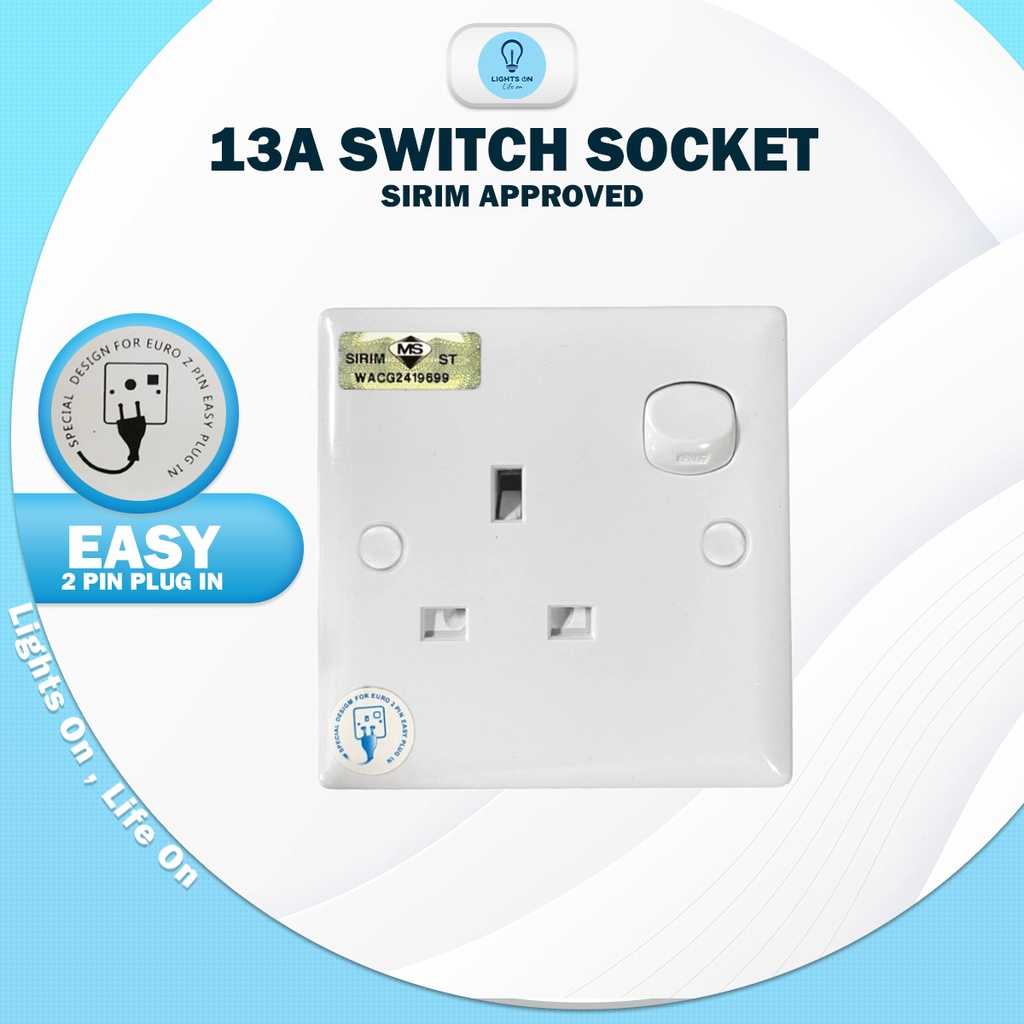 13A Switch Socket SIRIM Approved 2 Pin Plug Easy Wall Socket Switch ...