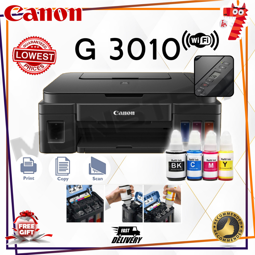 Canon PIXMA G3010 Refillable Ink Tank Wireless Printer with 1 SET of ...