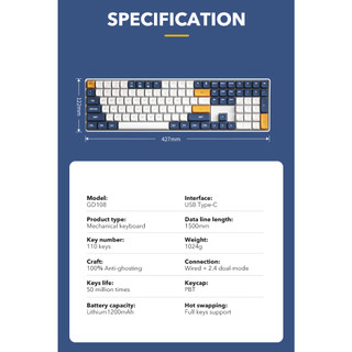 AIGO DARKFLASH GD108 WIRELESS MECHANICAL KEYBOARD | Dual-Mode conectivity | PBT dual colors ...