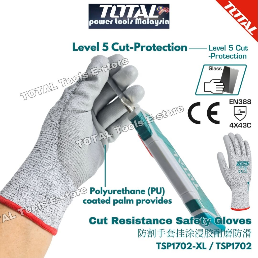 TOTAL Tools Cut Resistance Comfort Grip Safety Gloves (EN388 4X43C ...