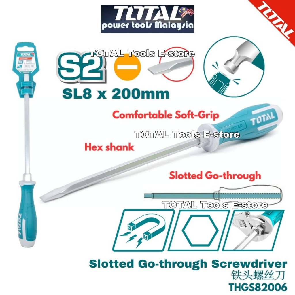 TOTAL Slotted Go-through Screwdriver SL8 x 200mm 铁头螺丝刀 - THGS82006 ...