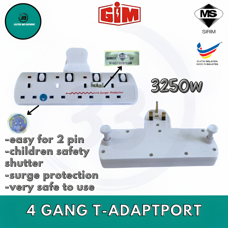Gim 4 Way T Type Multi Adaptor Extension Socket With Neon Sirim Wireless Extension Socket