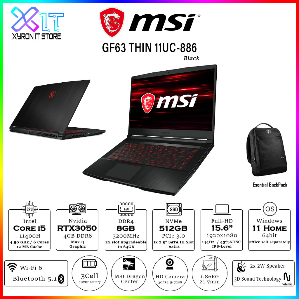 MSI GF63 THIN 11UC-886MY/Core i5-11400H/RTX 3050 MQ 4GB/8GB RAM/512GB SSD/15.6"FHD 144Hz/W11 ...