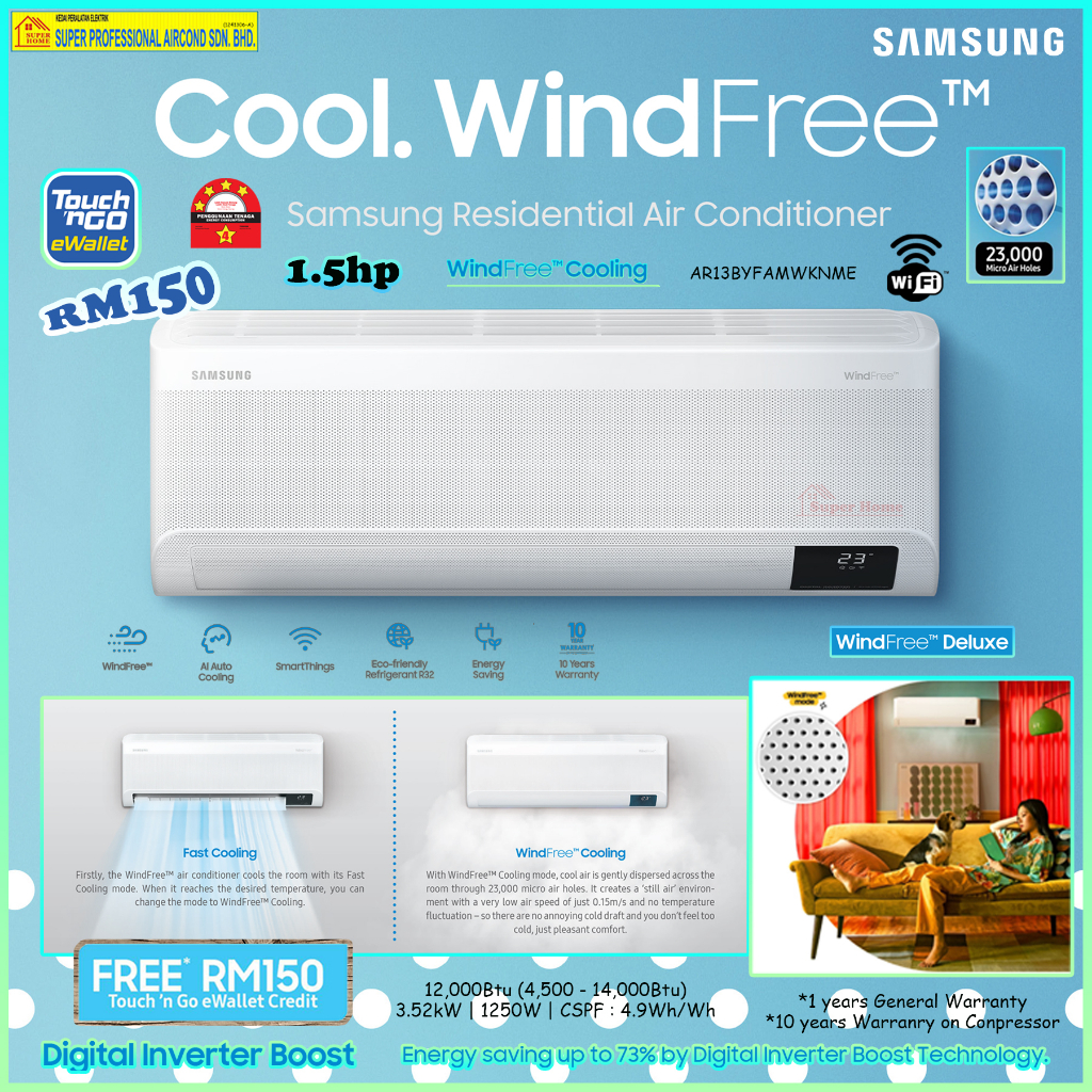 Samsung Windfree 1.5hp Deluxe Inverter Air Conditioner AR13BYFAMWKNME & AR13BYFAMWKXME (Smart ...