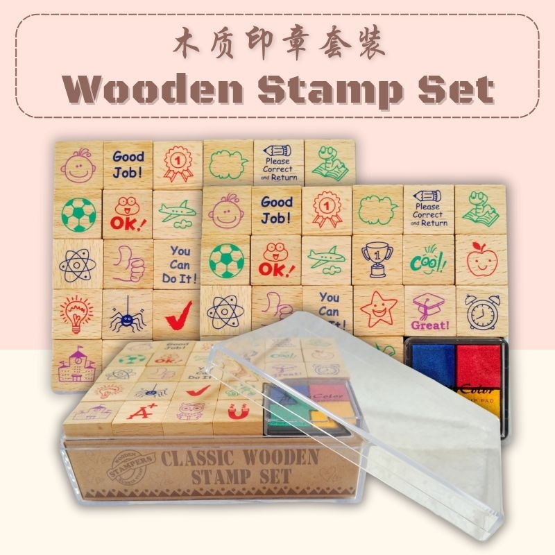 Wooden Stamp Chop Set 26pcs with Ink Pad (box cracks) 木质印章套装+印泥 ...