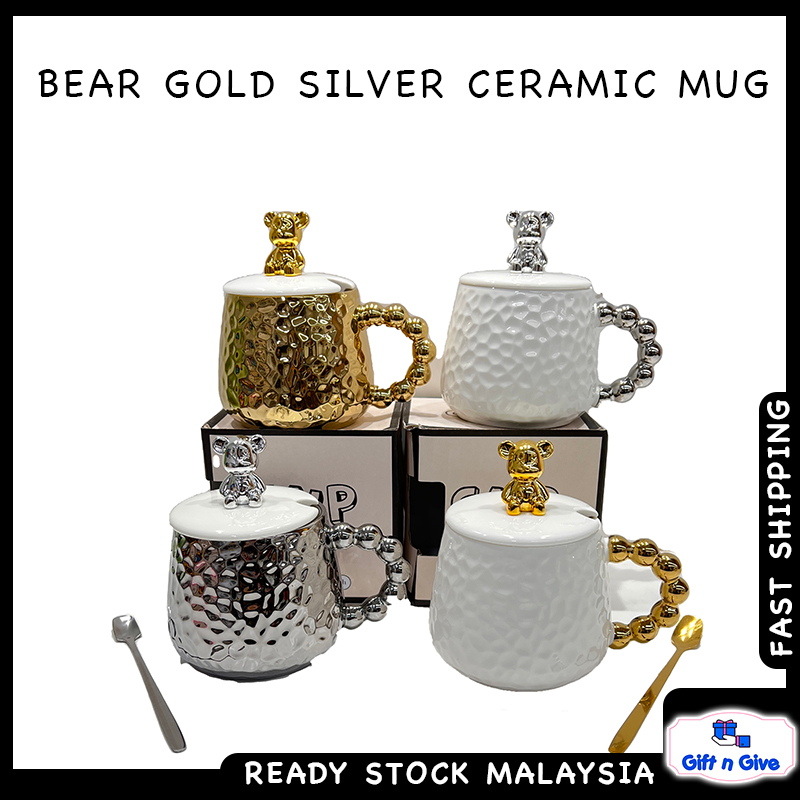 Bear Gold Silver Ceramic Mug Cup Drink Water Coffee Tea Spoon Lid Cover ...
