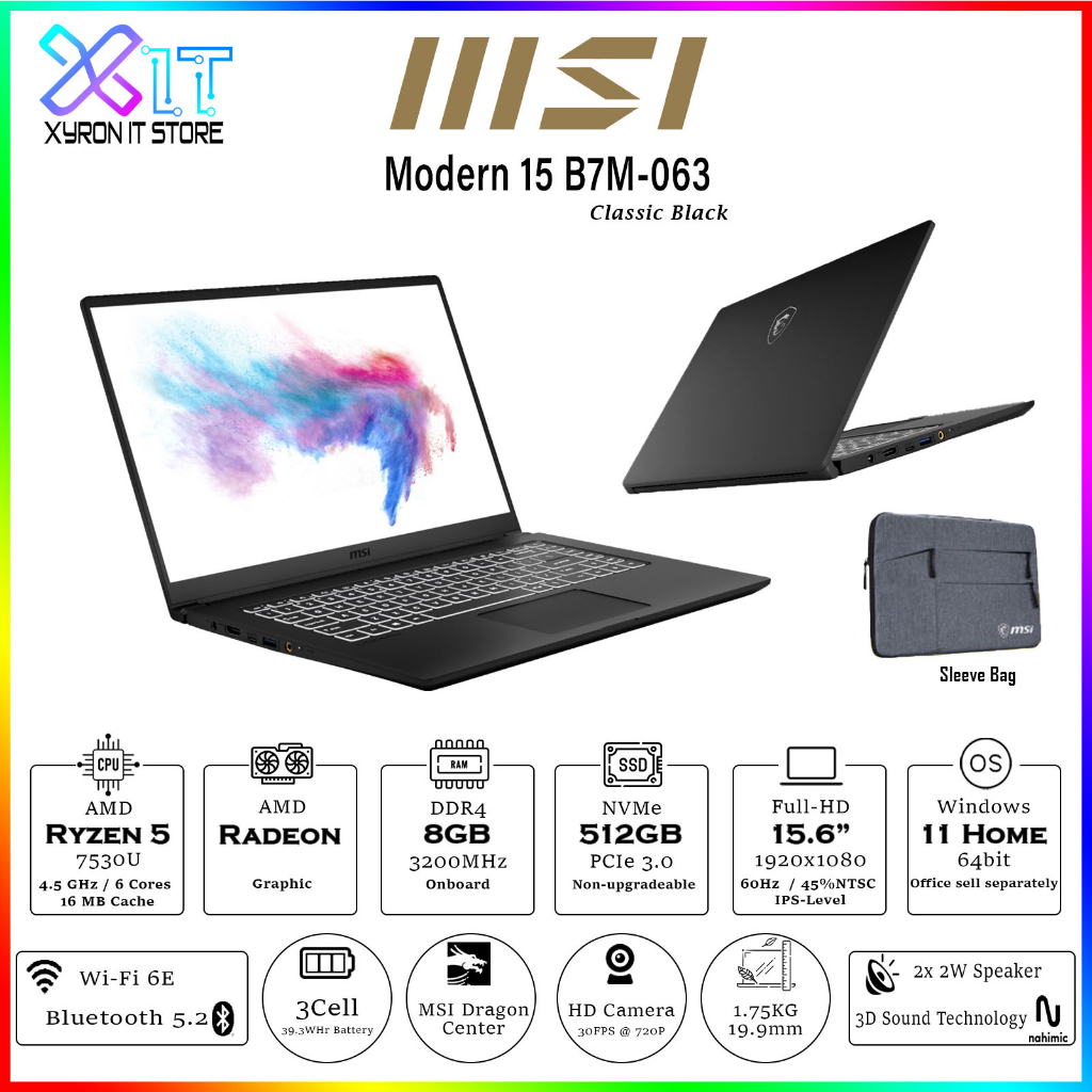 MSI Modern 15 B7M-063MY/AMD Ryzen 5-7530U/8GB RAM/512GB SSD/Radeon/14 ...