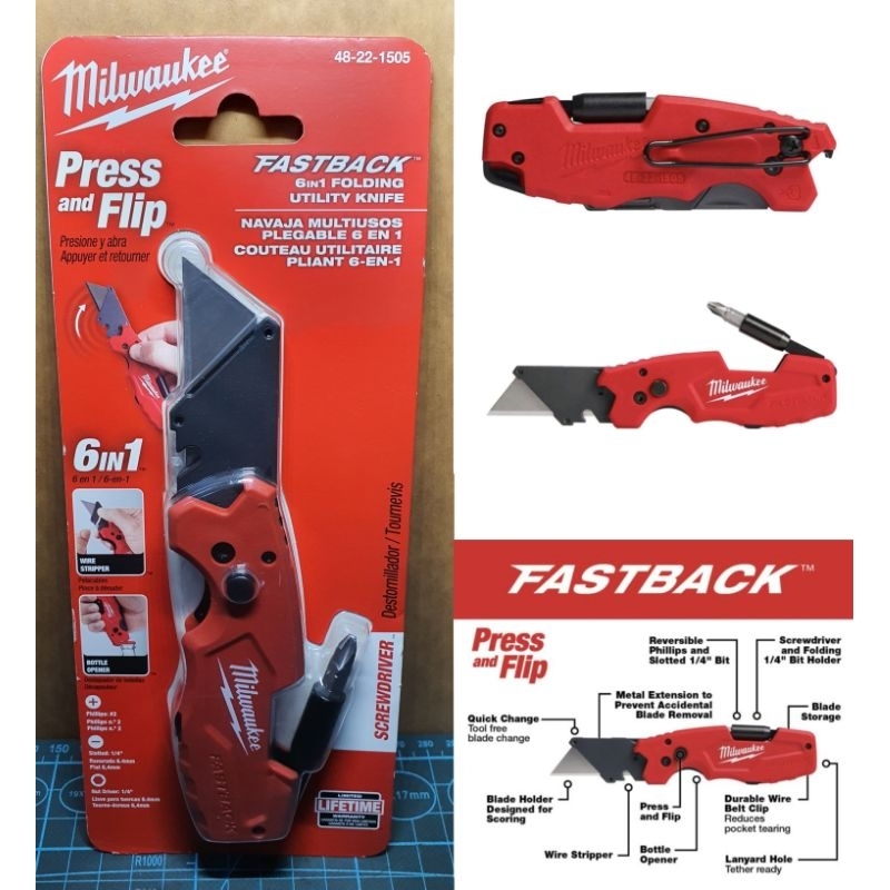 MILWAUKEE FASTBACK™ 6 IN 1 FOLDING UTILITY KNIFE (48-22-1505) | Shopee ...