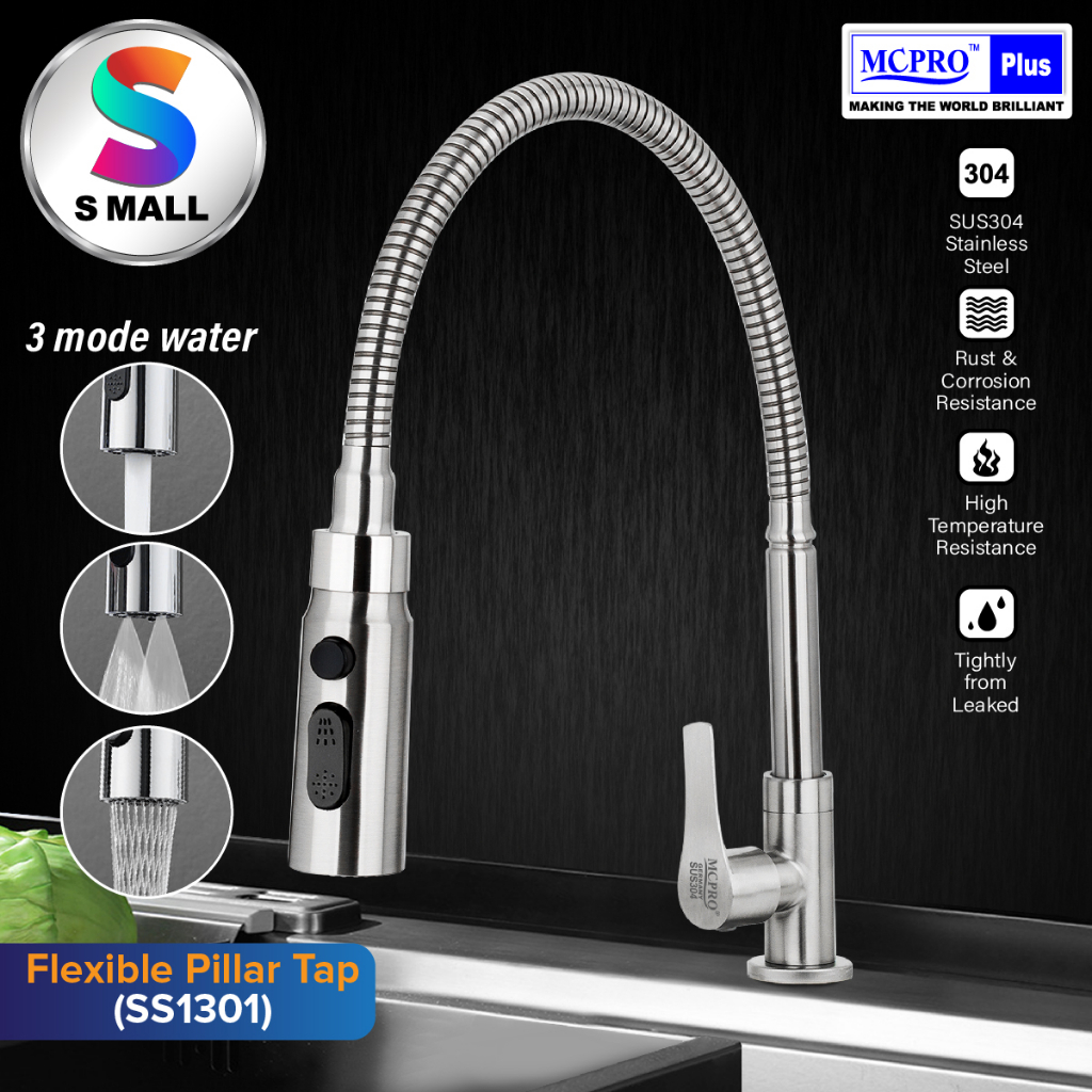 MCPRO Plus SUS304 Stainless Steel Kitchen Faucet FLEXIBLE PILLAR /WALL ...
