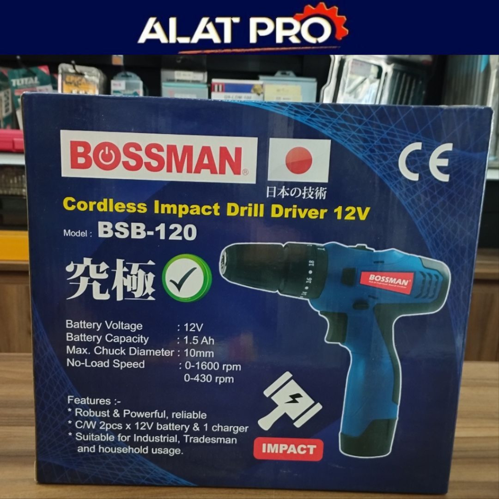 BOSSMAN BSB-120 12V 10MM Cordless Impact Drill Driver 1600RPM - C/W 2 ...