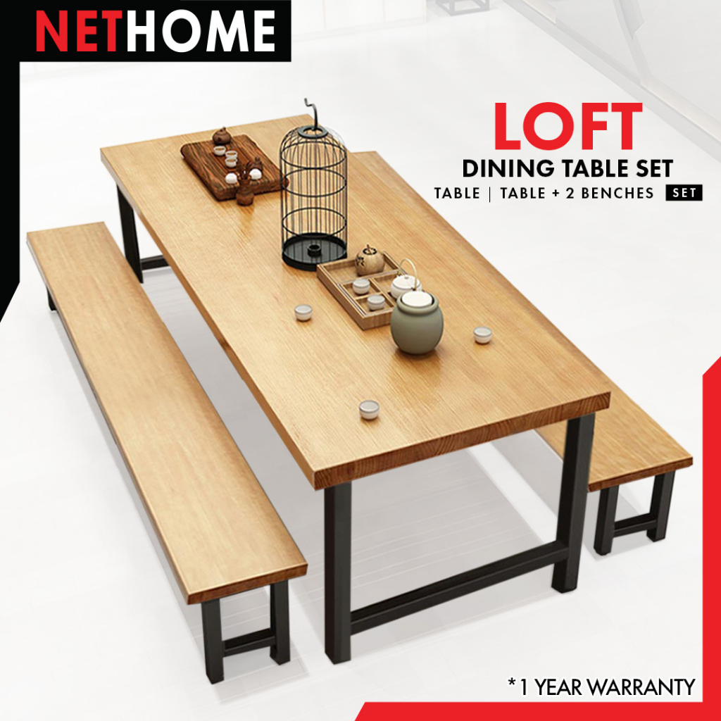 ⚡️NETHOME⚡️Solid Wood Loft Dining Table Bench Set / Dining Set / Table ...