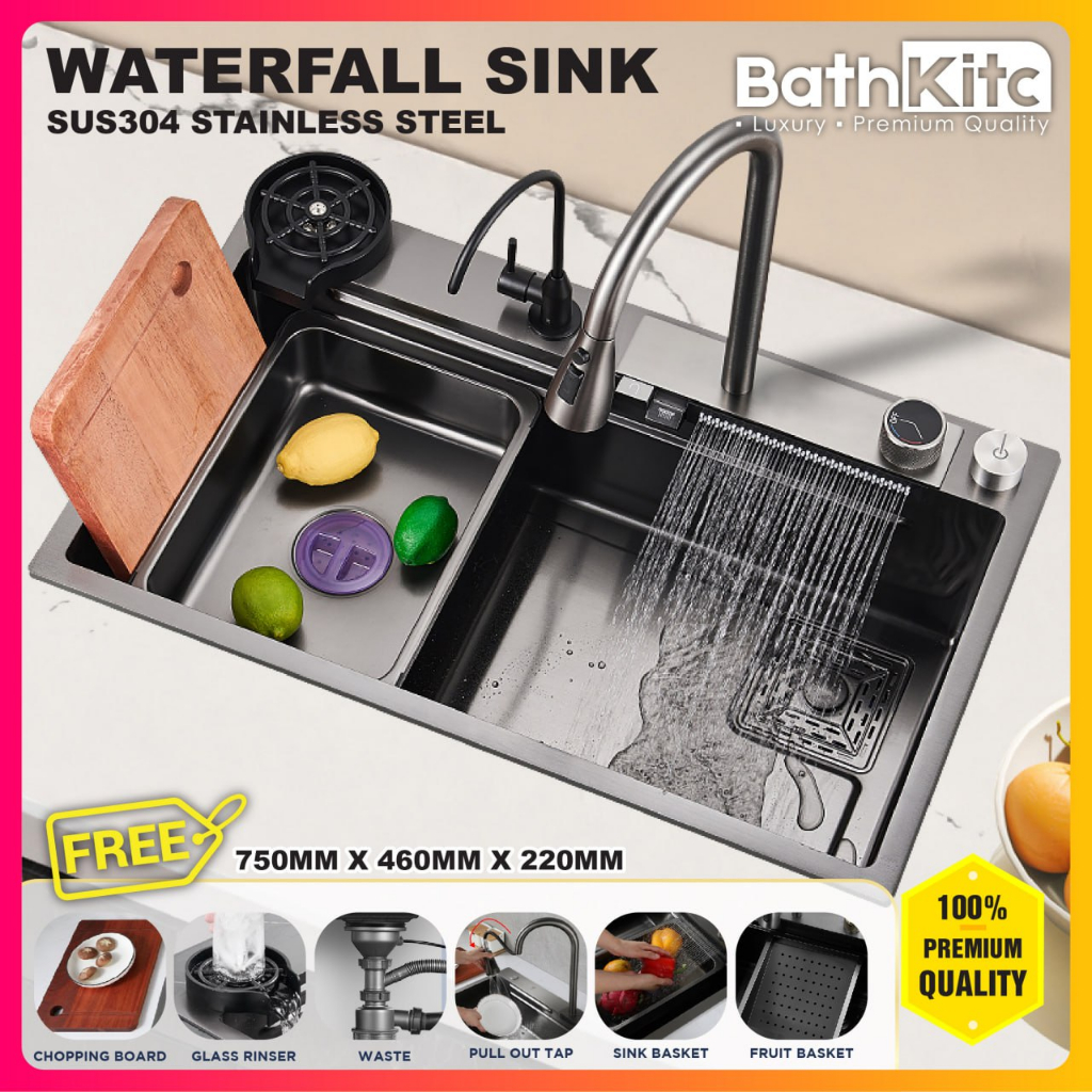 WATERFALL SINK 7546 NANO Stainless Steel Workstation Sink Handmade NANO ...