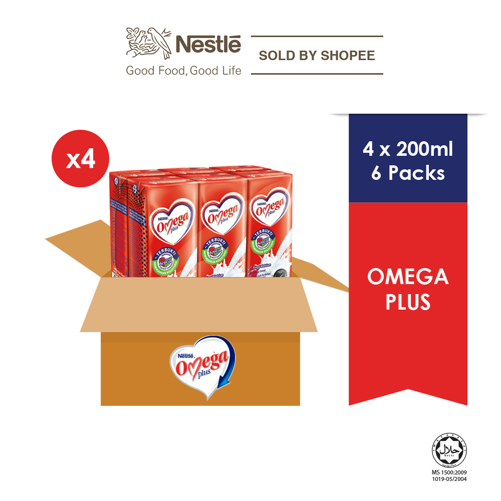 [Carton of 24] NESTLE Omega Plus UHT Plain Milk 200ml (Halal) | Shopee ...