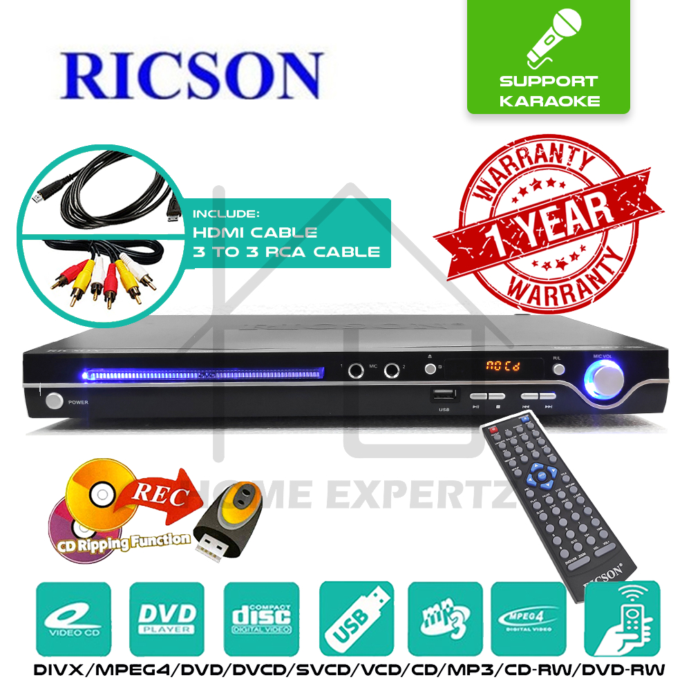 RICSON DVD PLAYER WITH HDMI CABLE/ RCA CABLE / REMOTE CONTROL / MIC ...